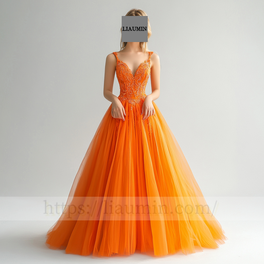 Custom Orange Tulle With Lace Applique Wedding Evening Prom Formal Pri ...
